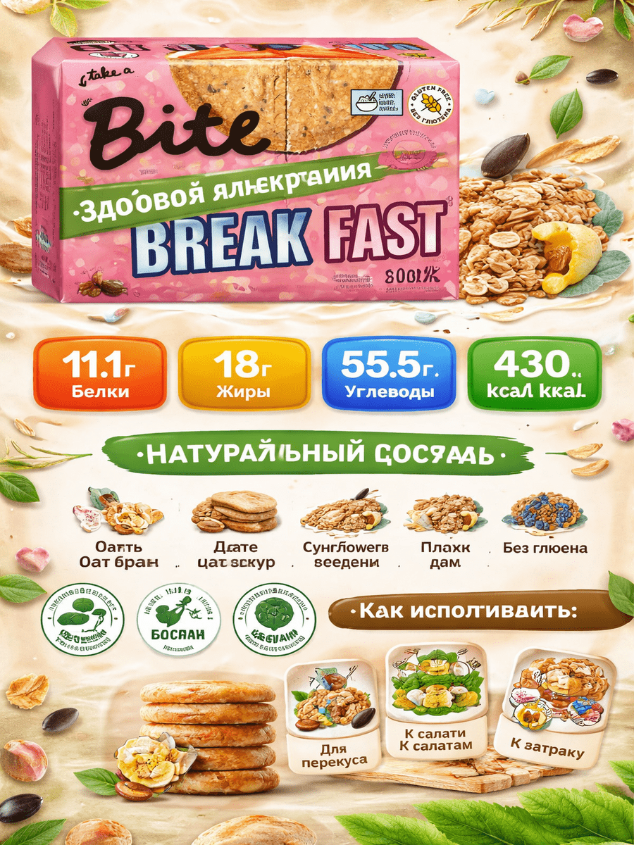 Печенье крекеры Take a Bite овсяные с семенам льна и чиа без сахара без глютена, 200г