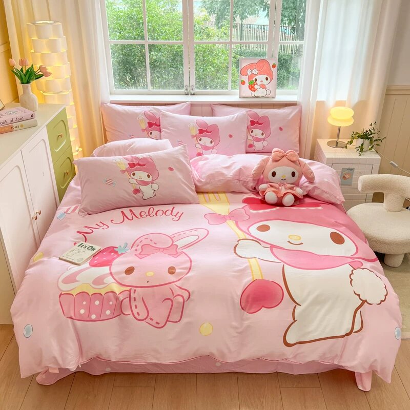 Детский комплект постельного белья Hello Kitty из чистого хлопка, 4 предмета: простыня, пододеяльник, наволочки, с