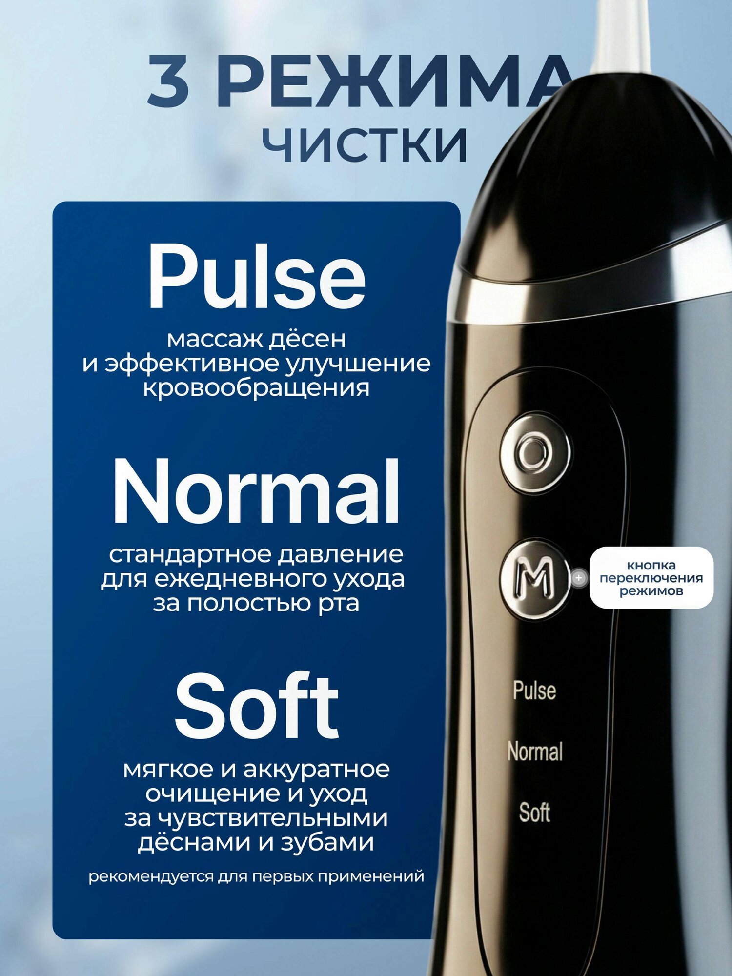 Портативный ирригатор для полости рта 30 дней без подзарядки, 4 насадки в комплекте, IPX7 - для дома и отеля — фото 1