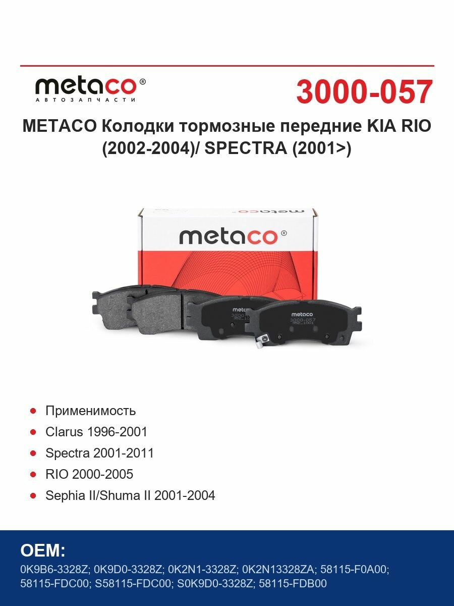 METACO Колодки тормозные передние KIA RIO (2002-2004)/ SPECTRA (2001>)