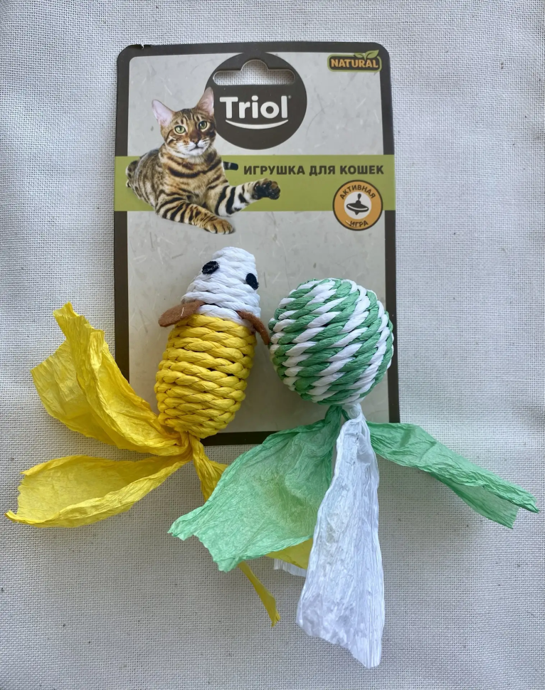 Triol: Набор игрушек для кошек из натуральных материалов Мяч и мышь, мяч d=4 см, мышь 7 см, серия NATURAL, арт. 22171077
