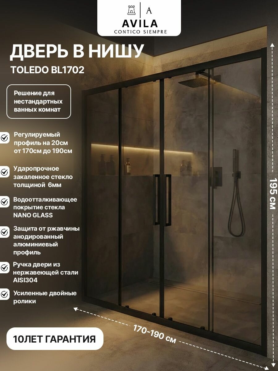 Душевая дверь premium в нишу, закаленное стекло 6 мм Nano Glass, 170-190 см х h195 см, профиль черный, двери для душевой