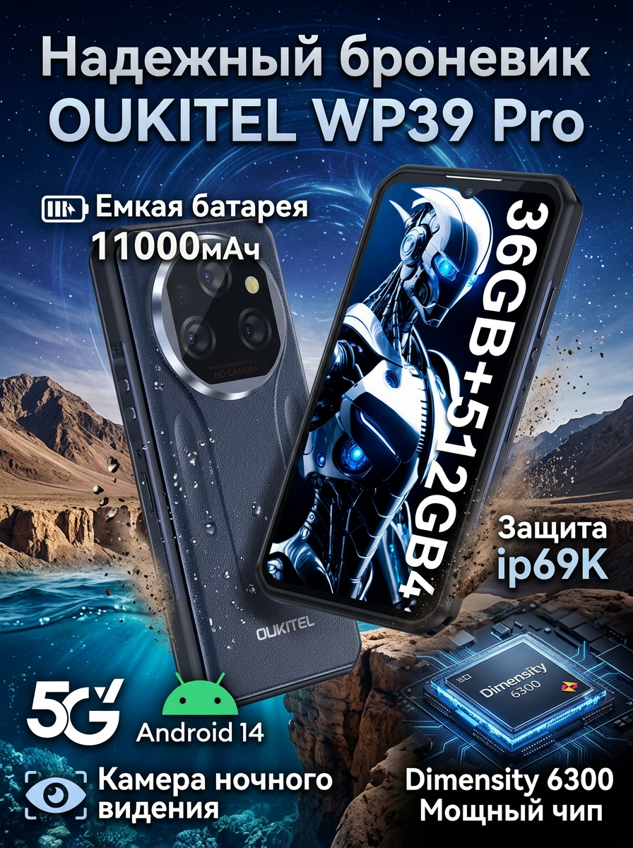 Защищенный смартфон OUKITEL WP39 PRO 5G Серый, IP69K, (12+24)/512GB, 11000мАч, 64мп Sony +ночная камера. Гарантия 1 год