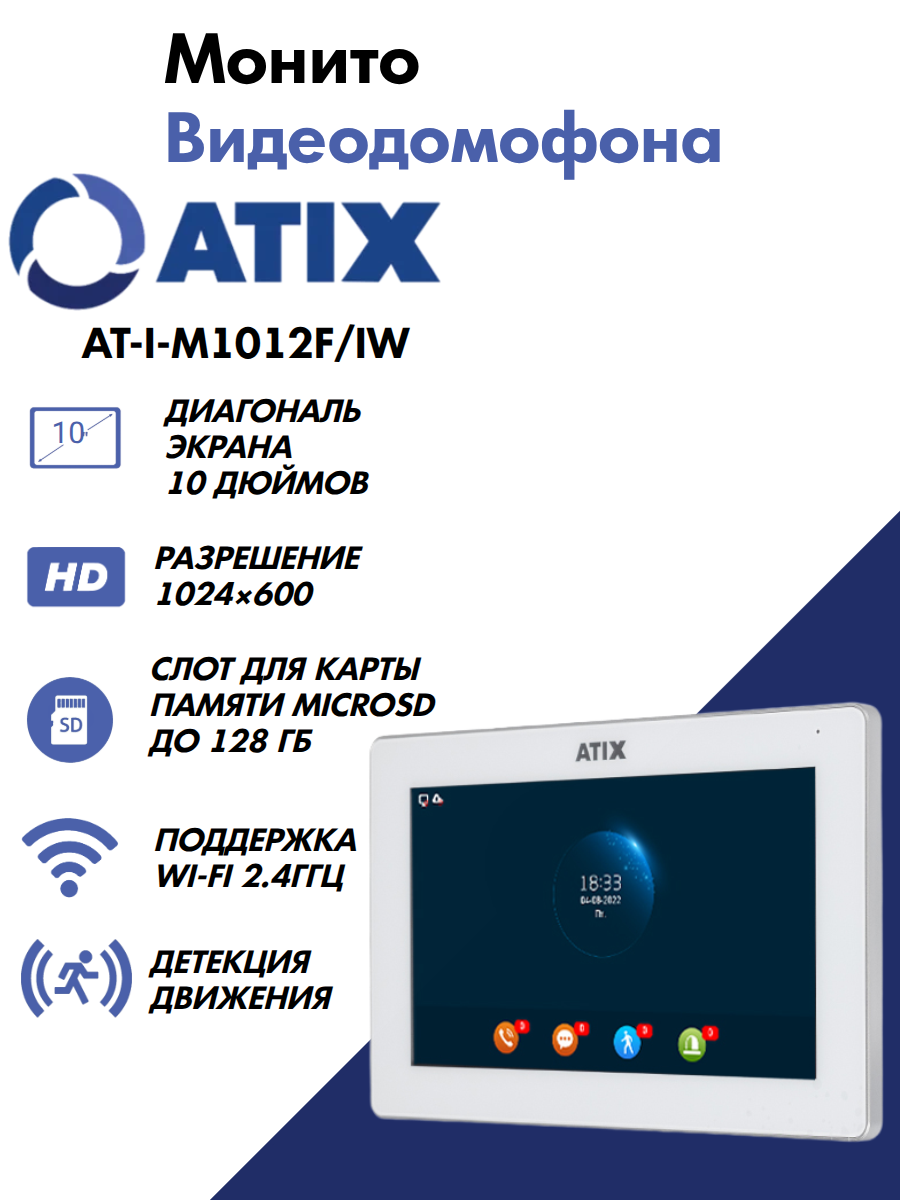 Видеодомофон c WI-FI Atix AT-I-M1012F/IW White и функциями DVR и AI