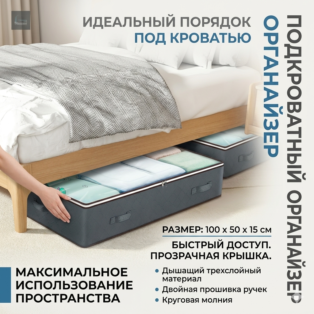 Контейнер для хранения, подкроватный, складная, ПВХ, 100x50x15 см,1шт, серый