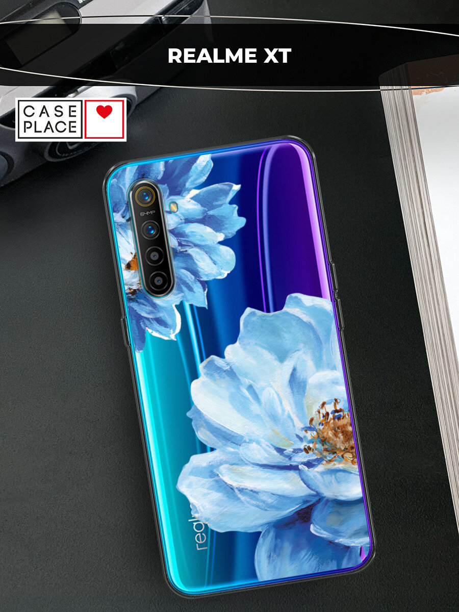 Чехол на Realme XT / Реалми XT с принтом Голубые клематисы, прозрачный