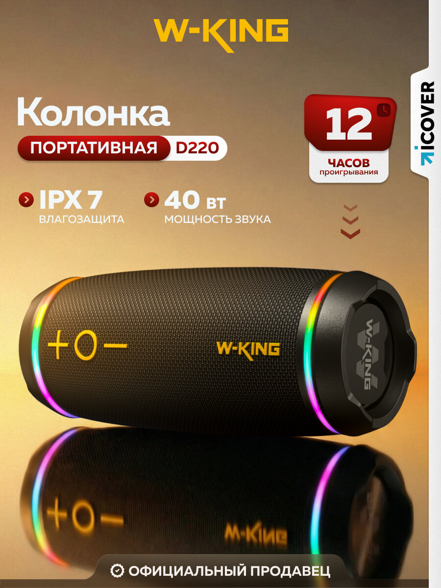 Портативная колонка W-KING D220, до 12 ч, IPX7, 40 Вт, Black