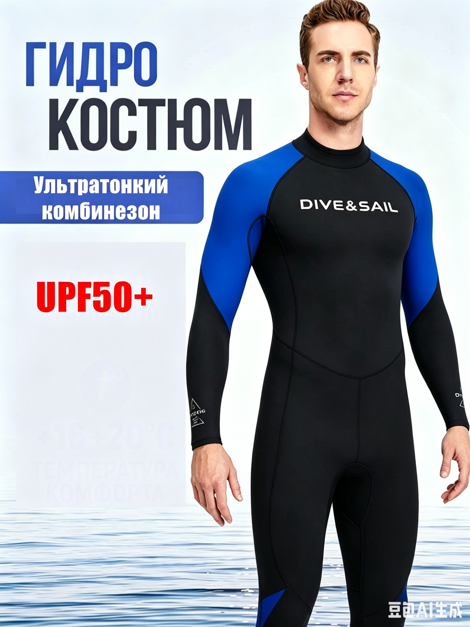 Мужской цельный ультратонкий гидрокостюм с защитой от ультрафиолета UPF50+ лайкра 1 мм