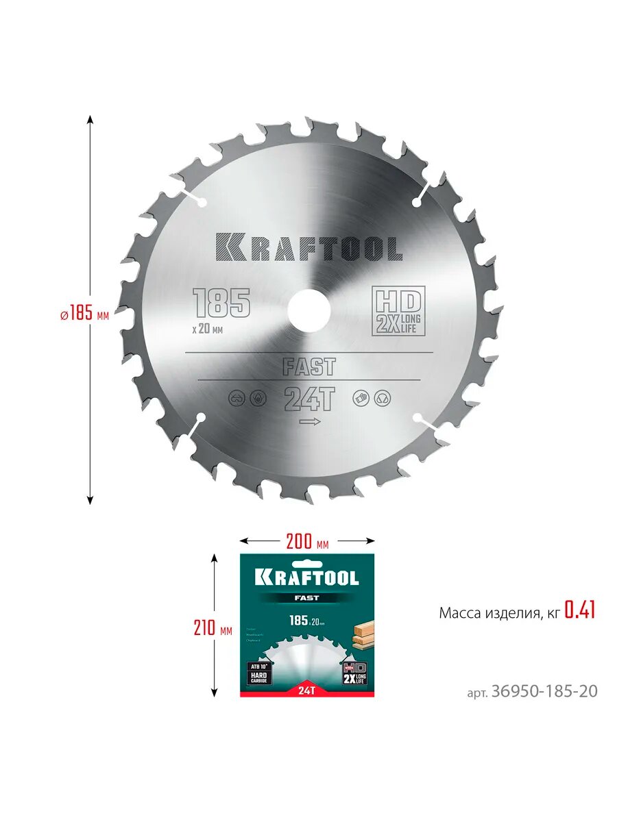 KRAFTOOL Fast, 185 х 20 мм, 24Т, пильный диск по дереву