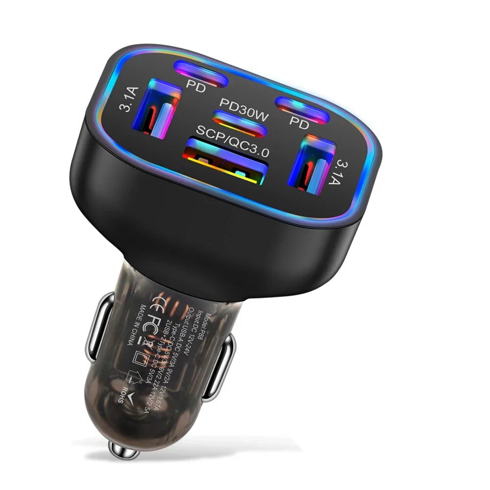 UYUXIO 6 в 1 USB C Автомобильное зарядное устройство адаптер PD 30 Вт с несколькими портами сверхбыстрая зарядка для iPhone 16 15 14 Pro Max iPad Samsung Phone