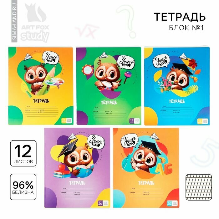 Тетрадь в частую косую линейку 12 листов А5, на скрепке 1 сентября: Учись на 5+ , обложка мелованный картон, блок №1, 5 видов