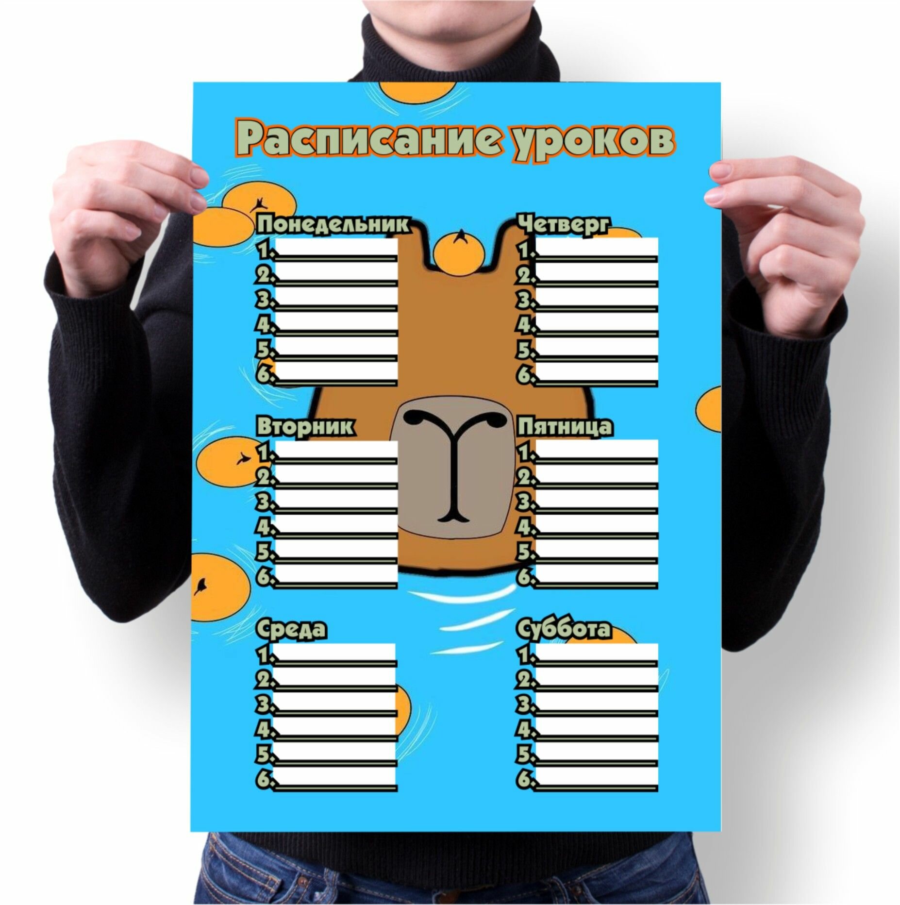 Расписание уроков формата А4, с принтом "Капибара"