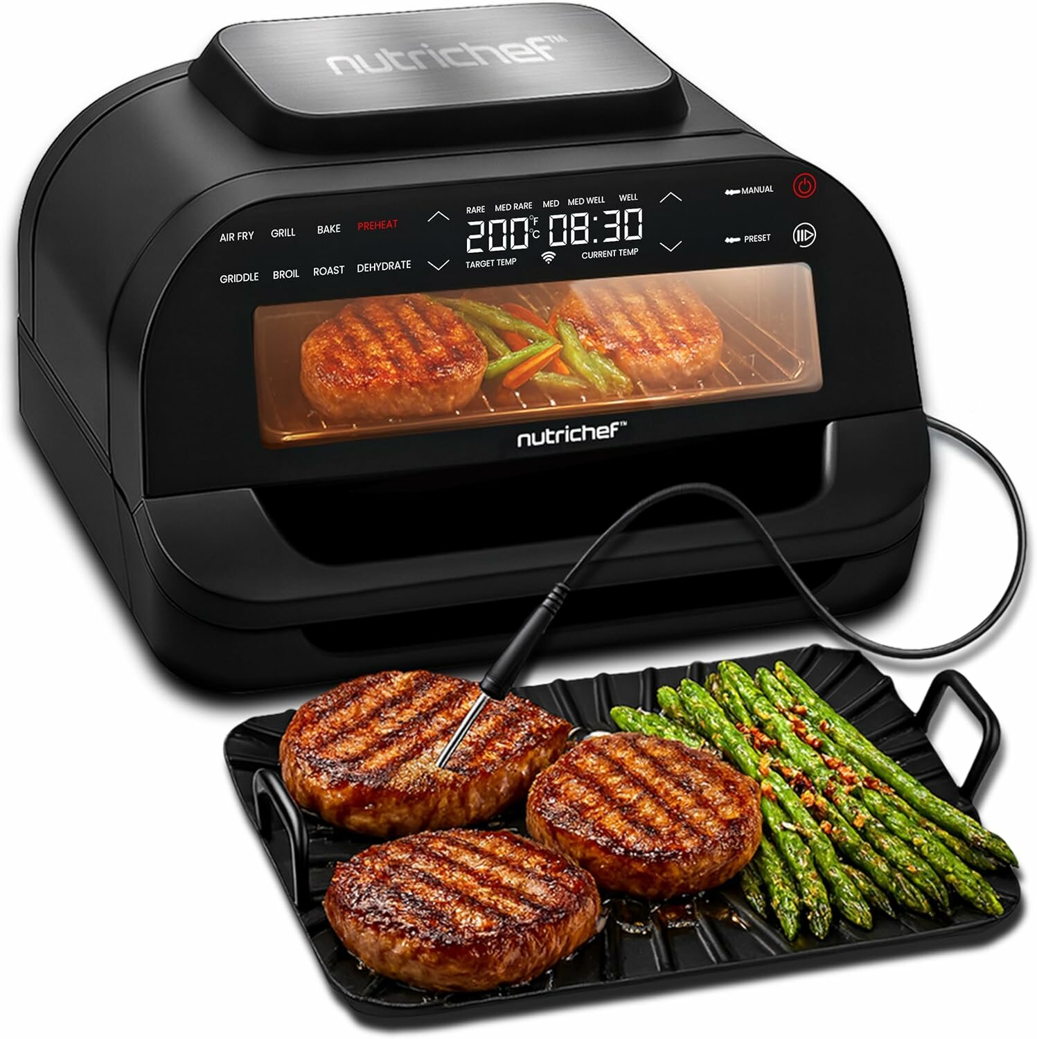 NutriChef Электрический гриль-аэрофритюрница Indoor Smokeless Grill and Air Fryer Combo, 7-в-1, объемом 6 л