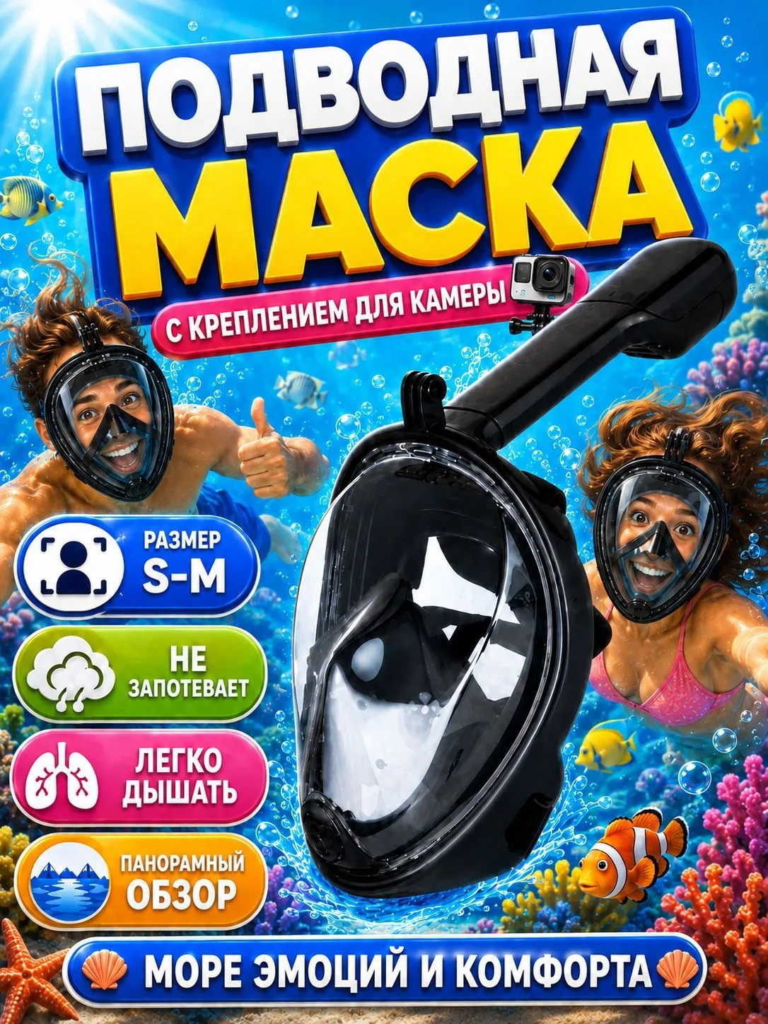 Подводная маска для плавания , полнолицевая маска для снорклинга, размер S-M, черный
