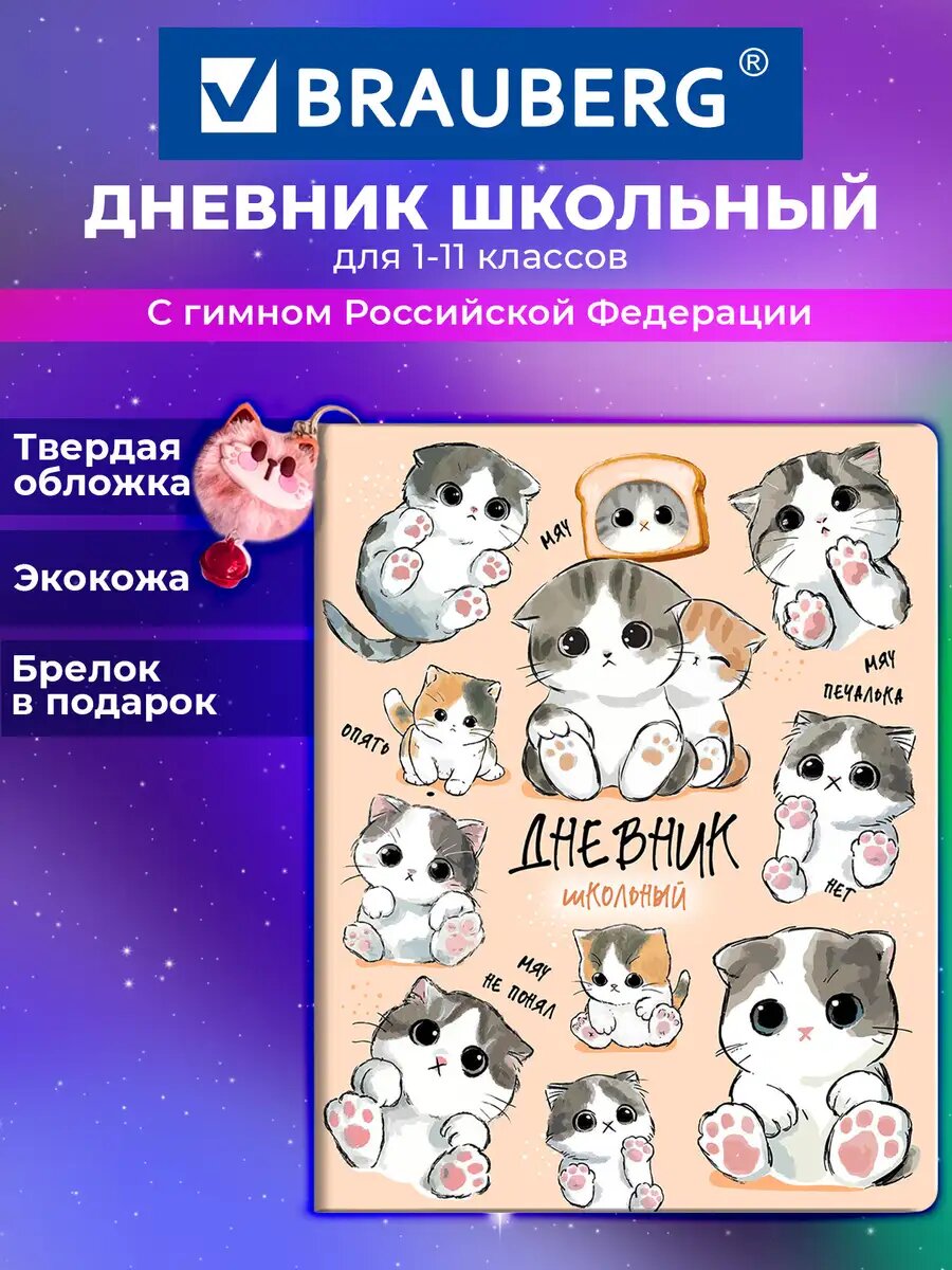 Дневник школьный для девочек мальчика 1-11 класс, канцелярия в школу, 48 лист, твердая обложка экокожа, Brauberg, 107646