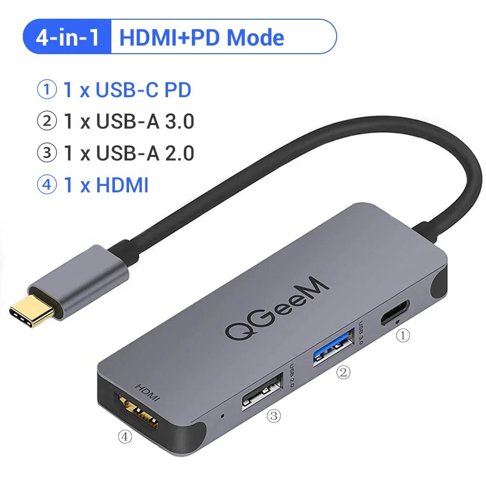 QGeeM USB C концентратор 4 порта 4 Ports HUB Alloy