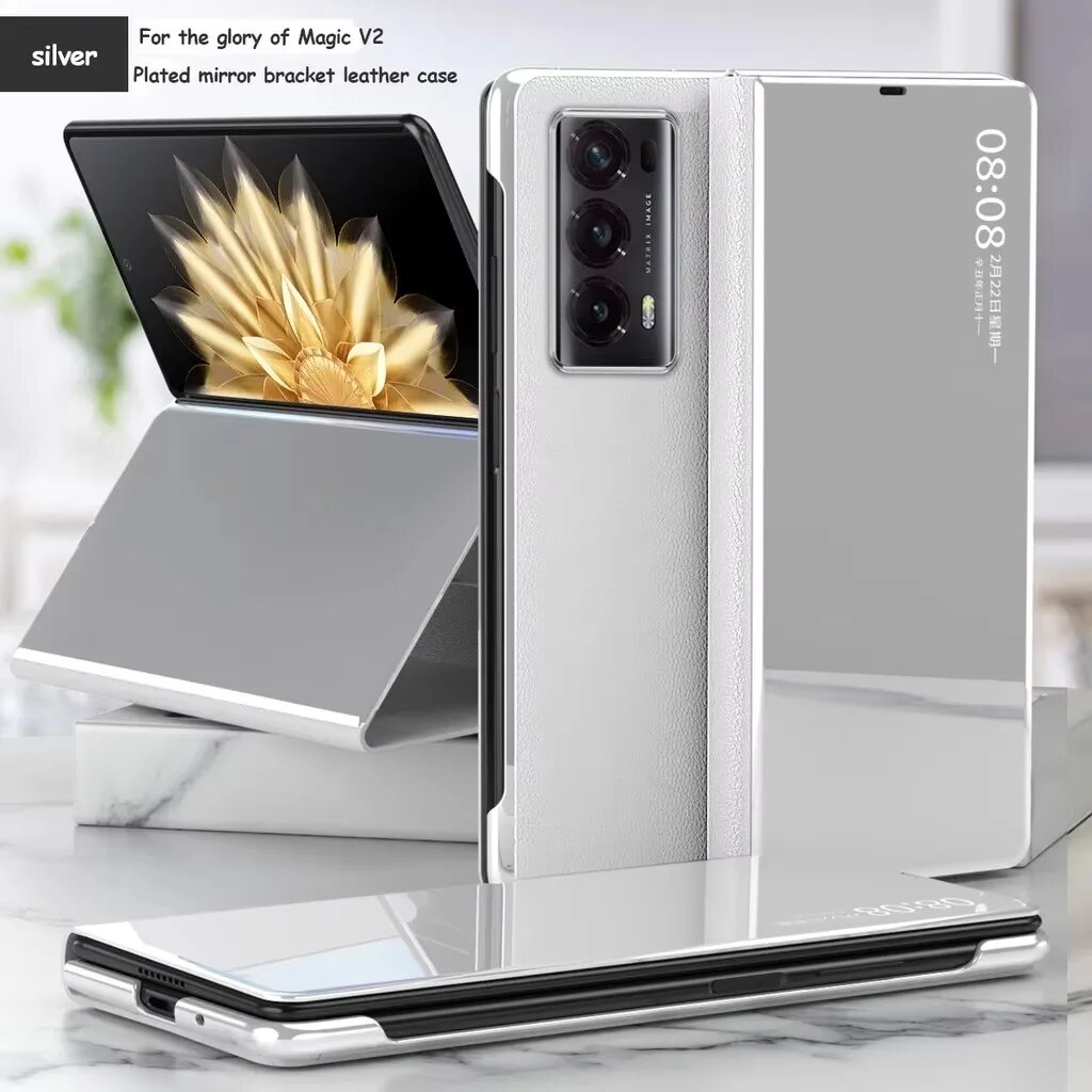 Умный чехол для Honor Magic V2 с зеркальным эффектом, из гальванизированной кожи, с подставкой