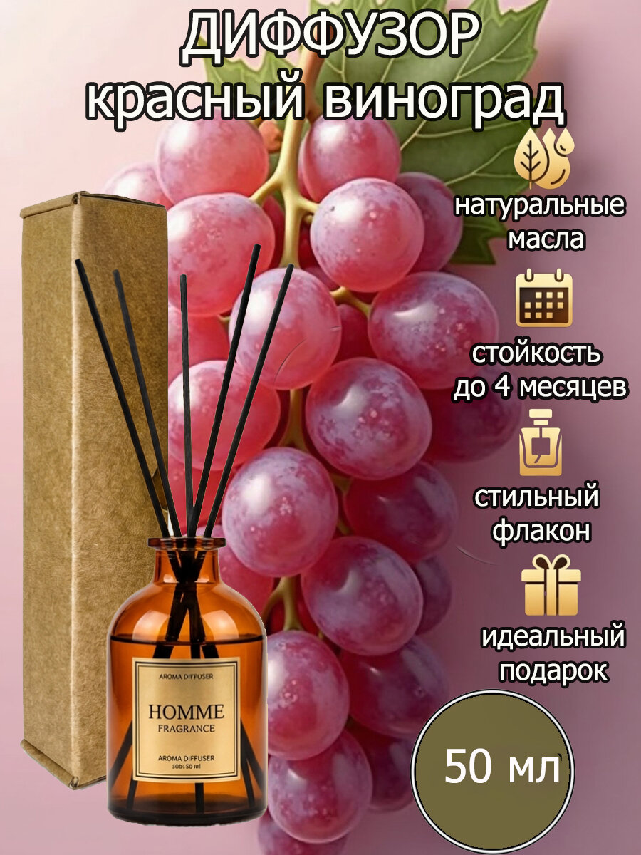 Диффузор для дома, ароматический с палочками в комплекте Красный виноград 50 мл