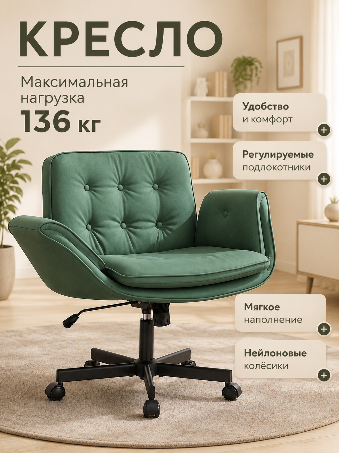 Кресло компьютерное зелёное со скрещёнными ногами и подлокотниками, из экокожи и мягкое, офисное, для дома
