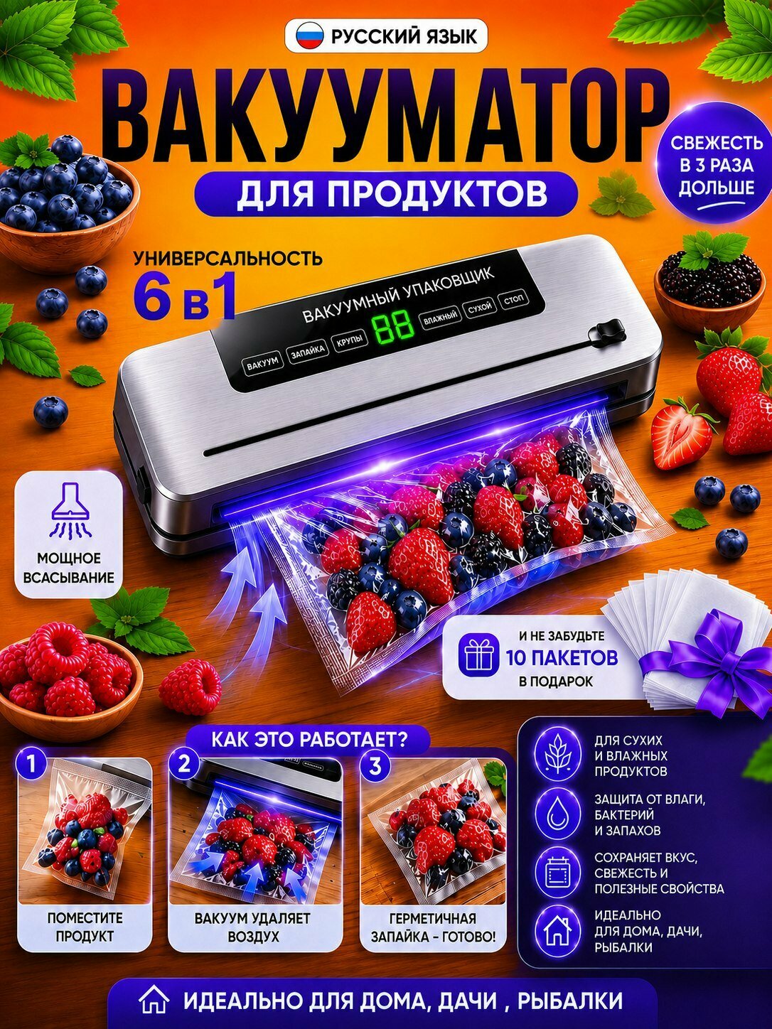 Вакууматор для продуктов с резаком и пакетами/Вакуумный упаковщик