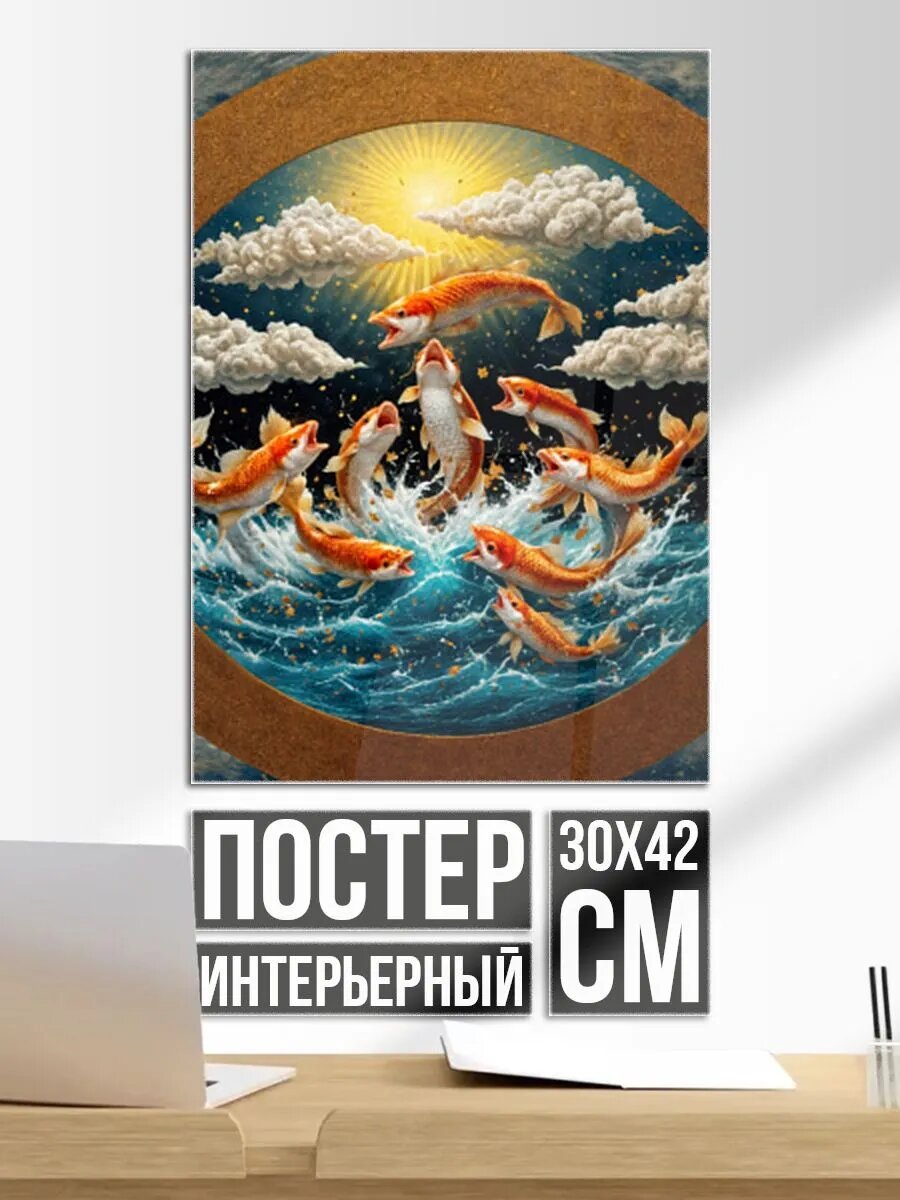 Постер на стену Большие золотистые рыбы выпрыгивают из воды