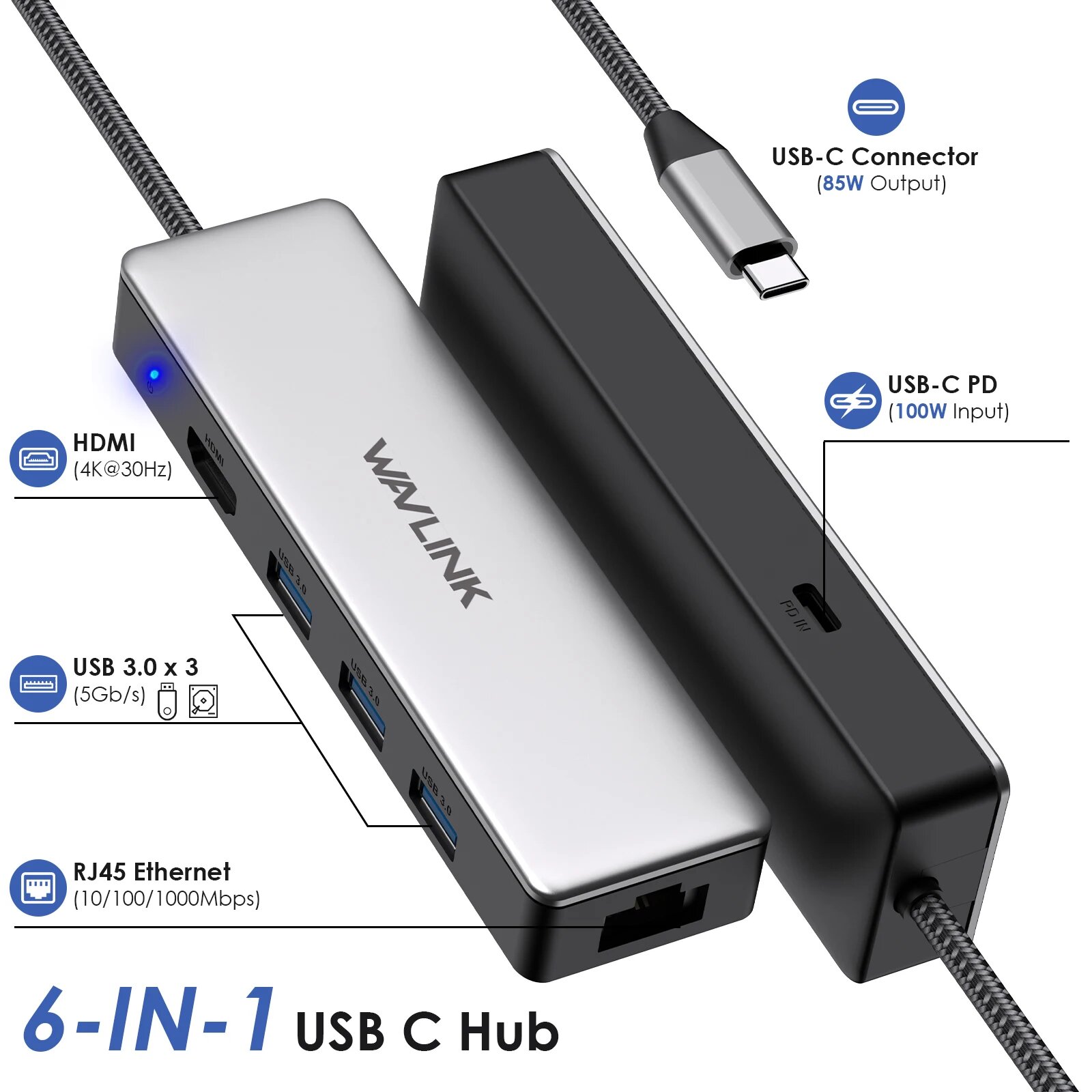 WAVLINK 6-в-1 USB C док-станция Синий, 6 In 1