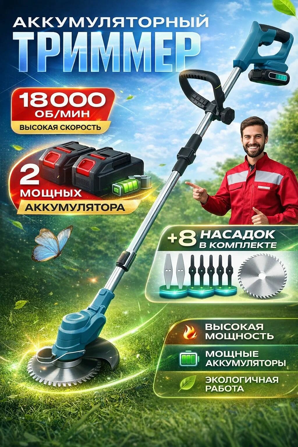 Мощный триммер аккумуляторный садовый с леской, тример-аккумуляторный для травы
