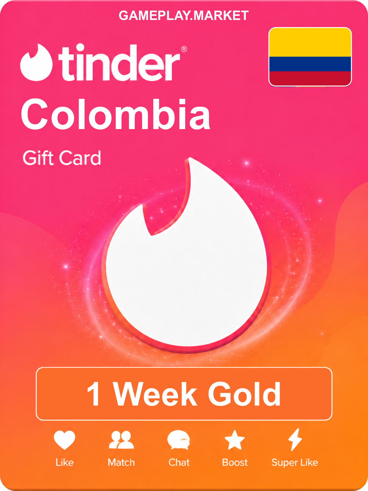 Подарочная карта Tinder Gold 1 неделя подписки / Для аккаунта Колумбии / Оригинальный цифровой код