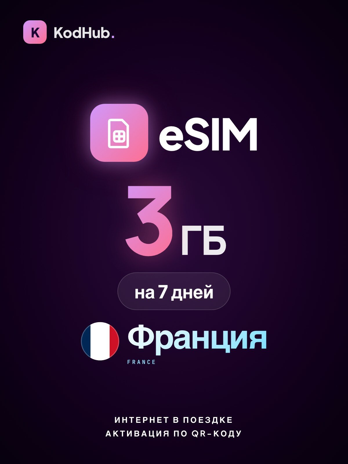 Туристическая eSIM Франция 3 ГБ на 7 дней | интернет в поездке, связь за границей | QR-код активации