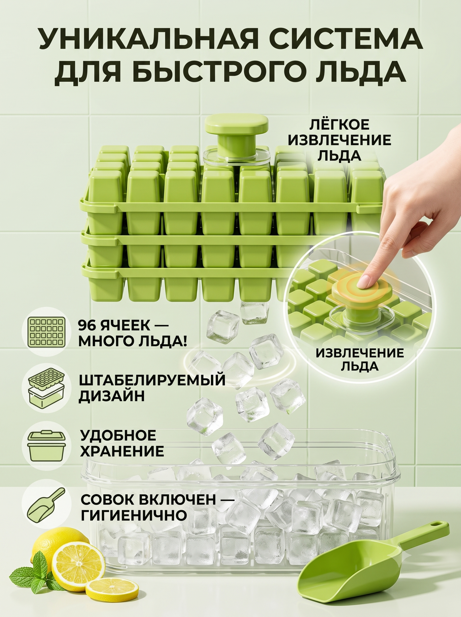 Форма для льда с контейнером и совком, лоток для кубиков льда с кнопкой, 96 ячеек