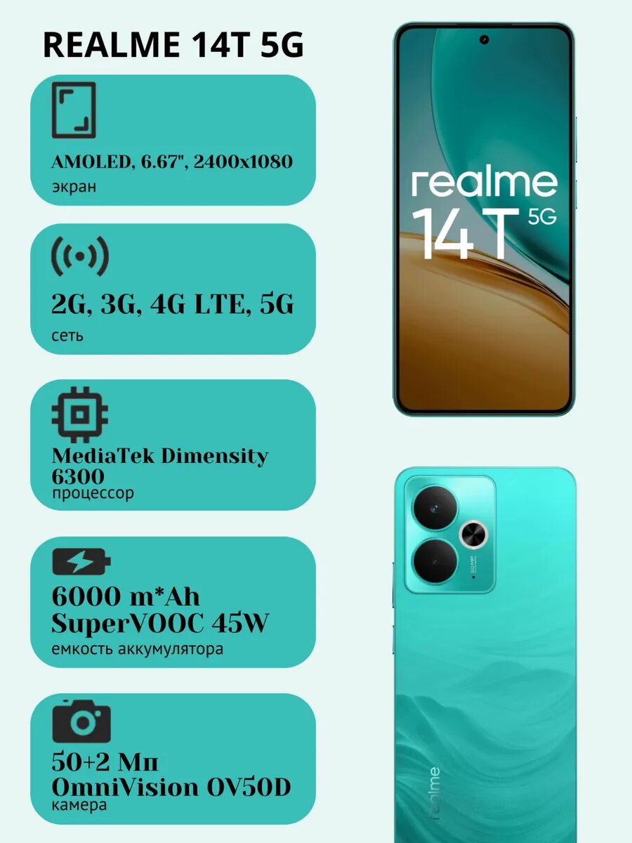 Смартфон realme 14T 5G 8 ГБ/128 ГБ Зеленый Ростест, NFC, экран 6.67" AMOLED, камера 50+2 Мп
