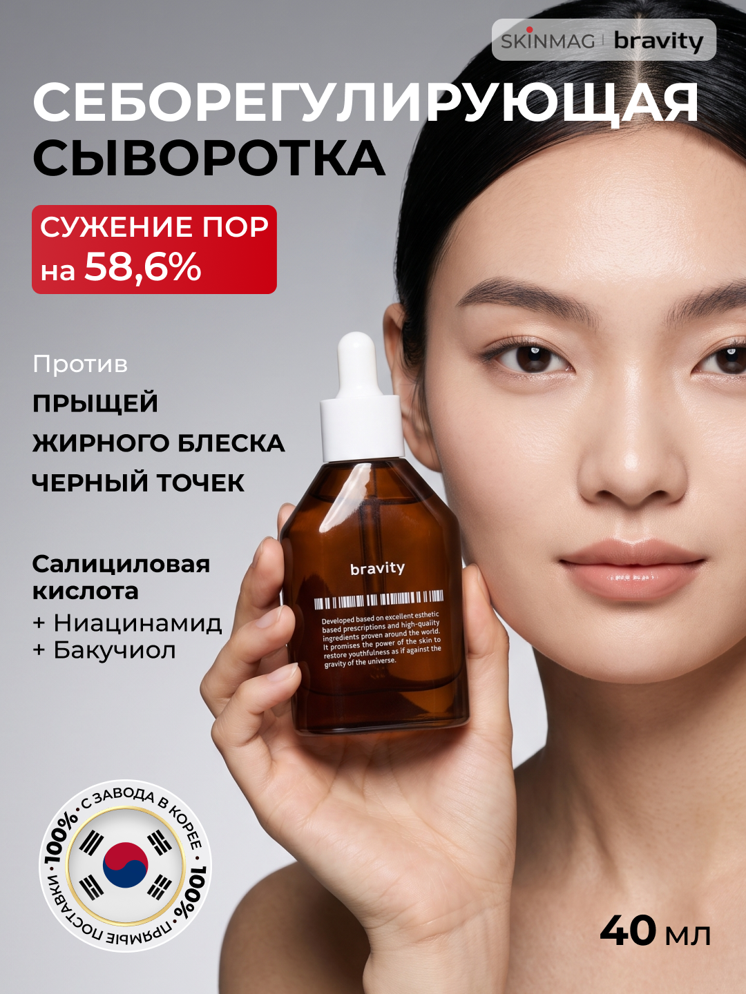 Сыворотка для лица от прыщей, акне и постакне, себорегулирующая, матирующая BRAVITY с ниацинамидом и кислотами, 40мл