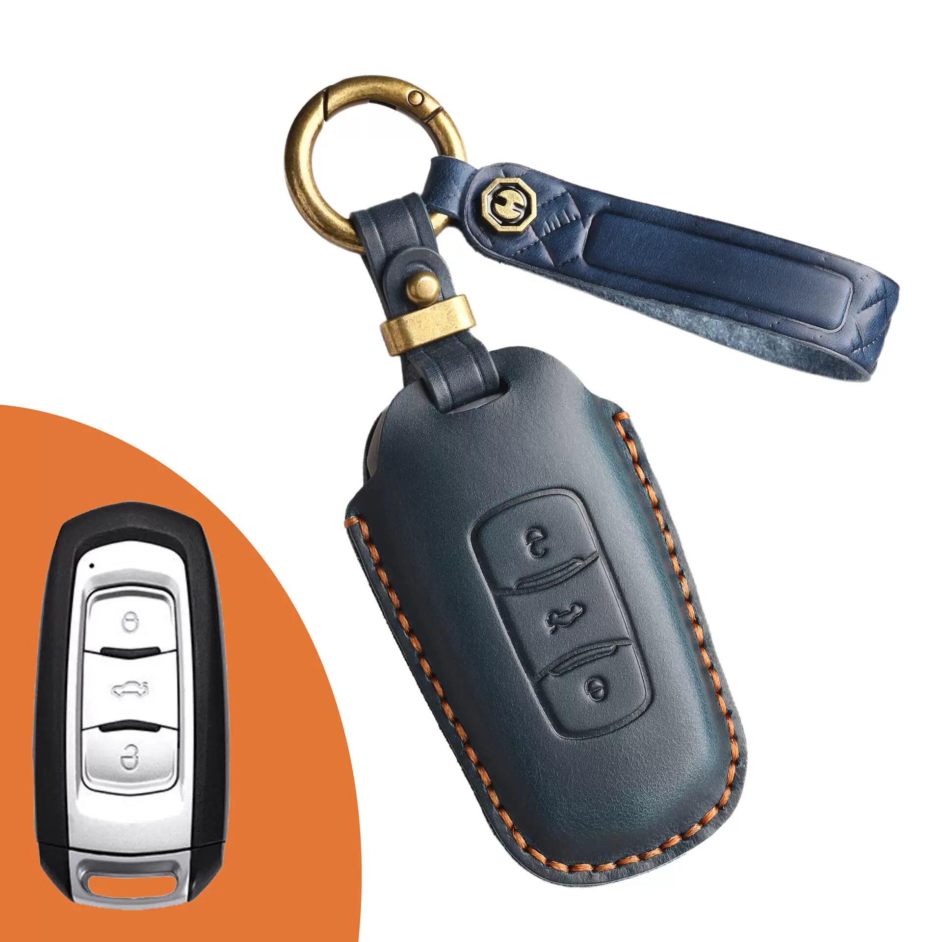 Натуральная кожа чехол для ключей совместимый с Geely Starship, Starry L, Coolray, Emgrand GS - Стиль Е, синий