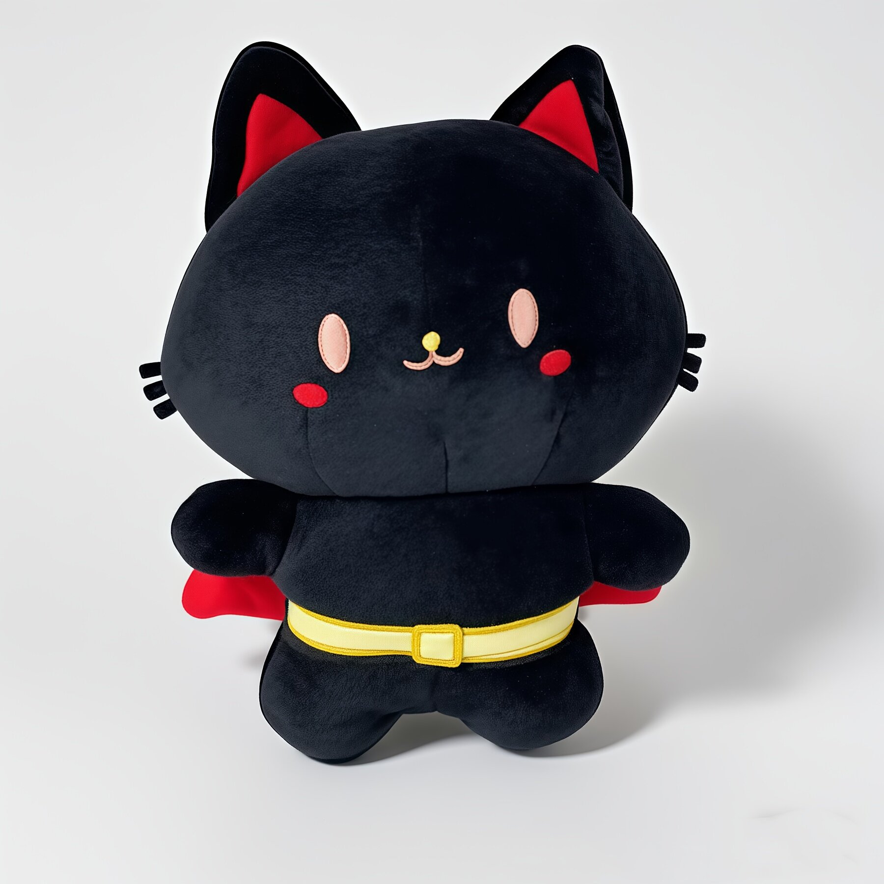 Плюшевая игрушка Кот-летучая мышь в костюме супергероя с красными ушами и желтым поясом, мягкая черно-красная фигурка с круглыми глазами для детей