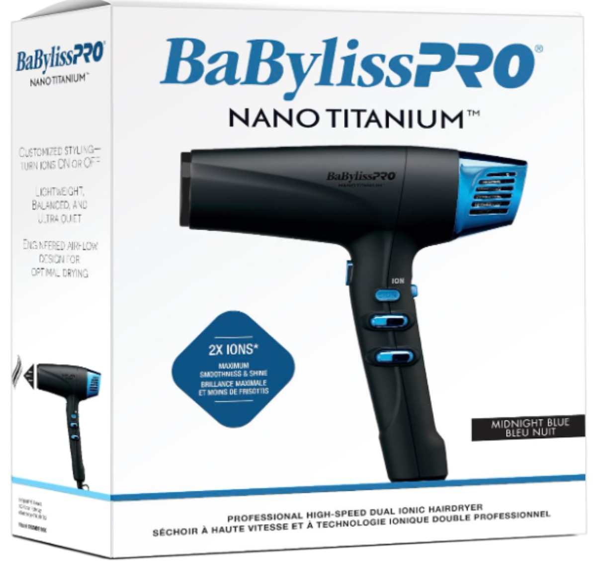 Высокоскоростной фен BaBylissPRO Nano Titanium Dual Ionic BNTMB9100, двойная ионизация, цвет Midnight Blue