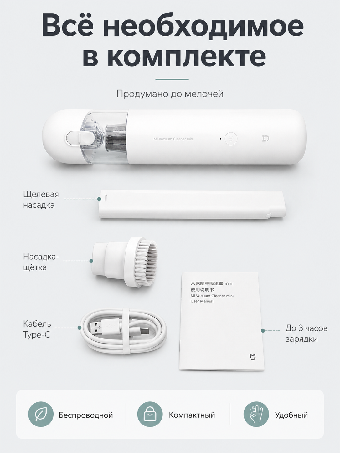 Пылесос Xiaomi Mijia SSXCQ01XY, портативный, 13000Pa, Li-Pol, 2000mAh