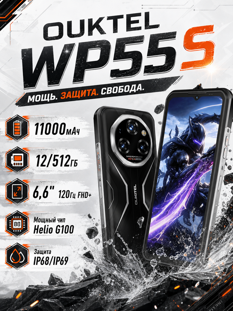 Защищенный смартфон Oukitel WP55 S 12/512Гб, Black, 11000мАч, 6,6" 120Гц, IP69, Helio G100, Гарантия год