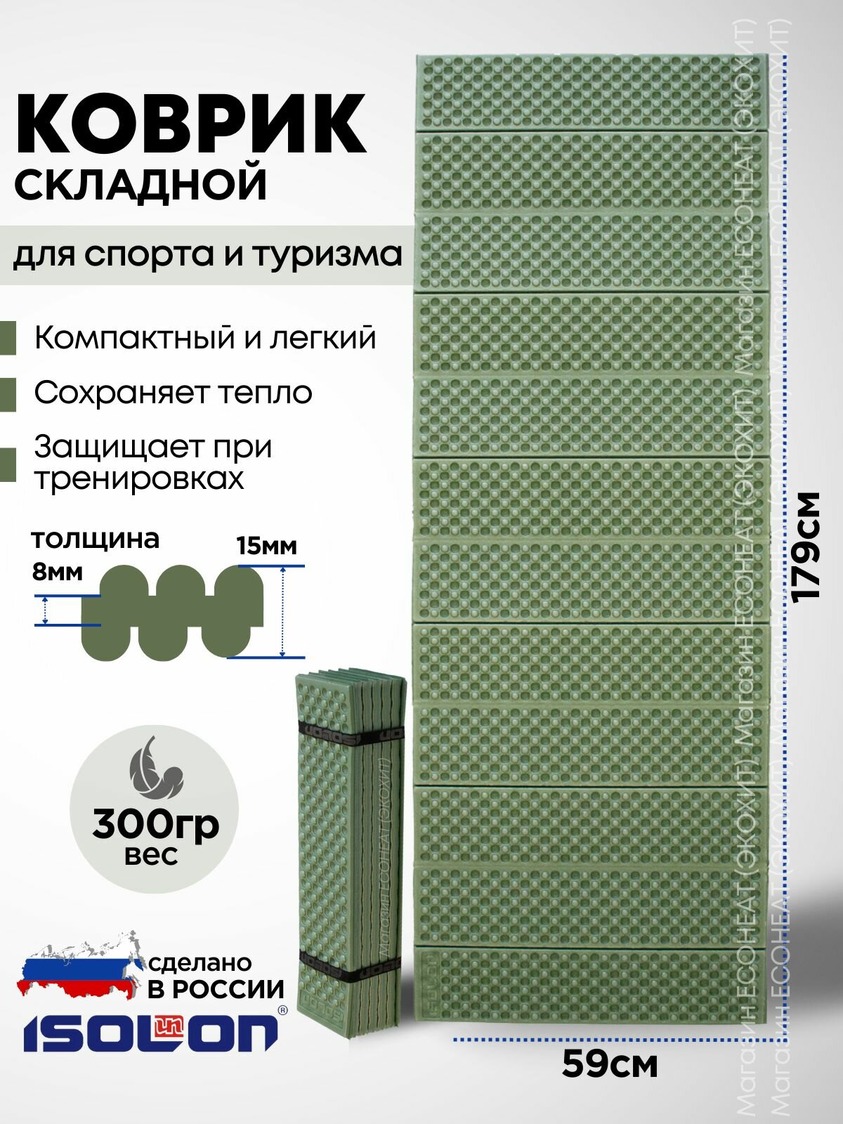 Коврик туристический складной кемпинг флекс / ISOLON / Походный, демпфирующий, армейский, не промокает, 2 резинки в подарок, складывается в толстую сидушку