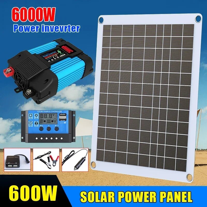 Солнечный инвертор 6000 Вт 12В в 110В/220В с панелью 600 Вт black 220V 4000W