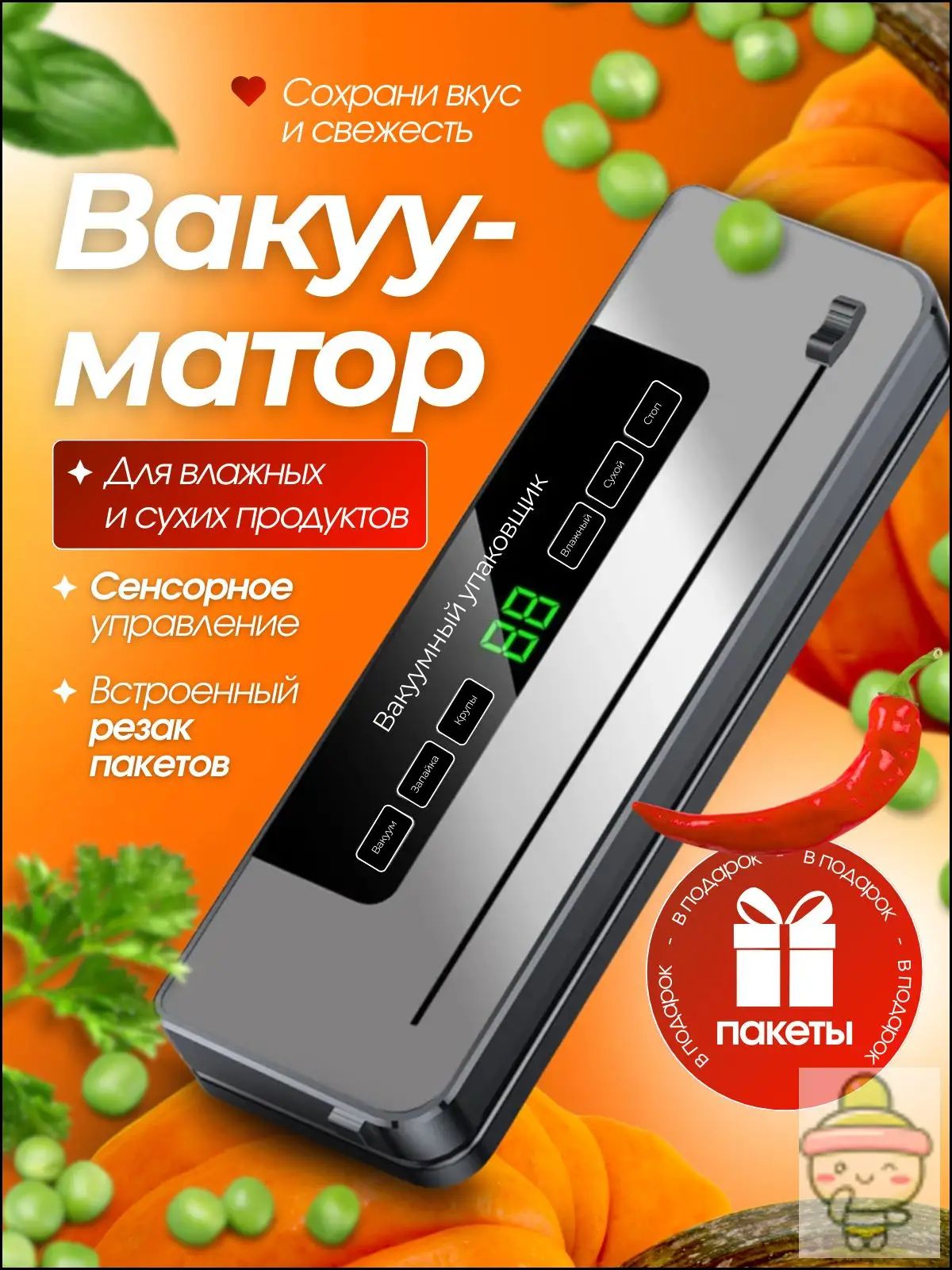 Вакууматор для продуктов / вакууматор для продуктов с резаком и пакетами в подарок