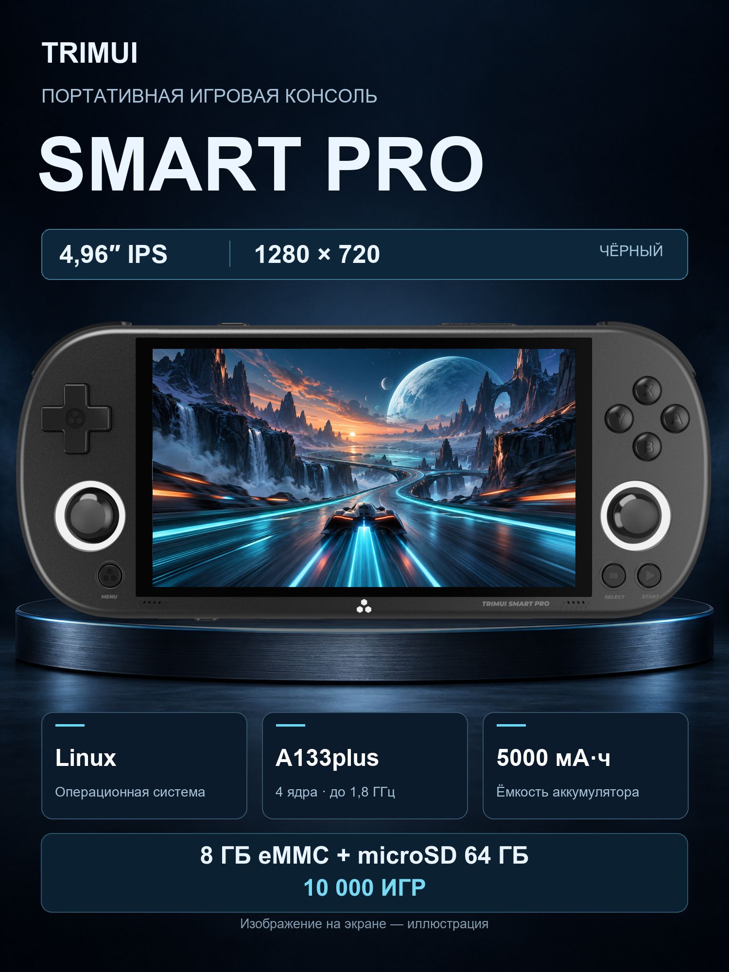 TRIMUI Портативная игровая консоль Smart Pro, экран 4,96 IPS, 8 ГБ eMMC, карта microSD 64 ГБ, 10 000 игр, чёрный