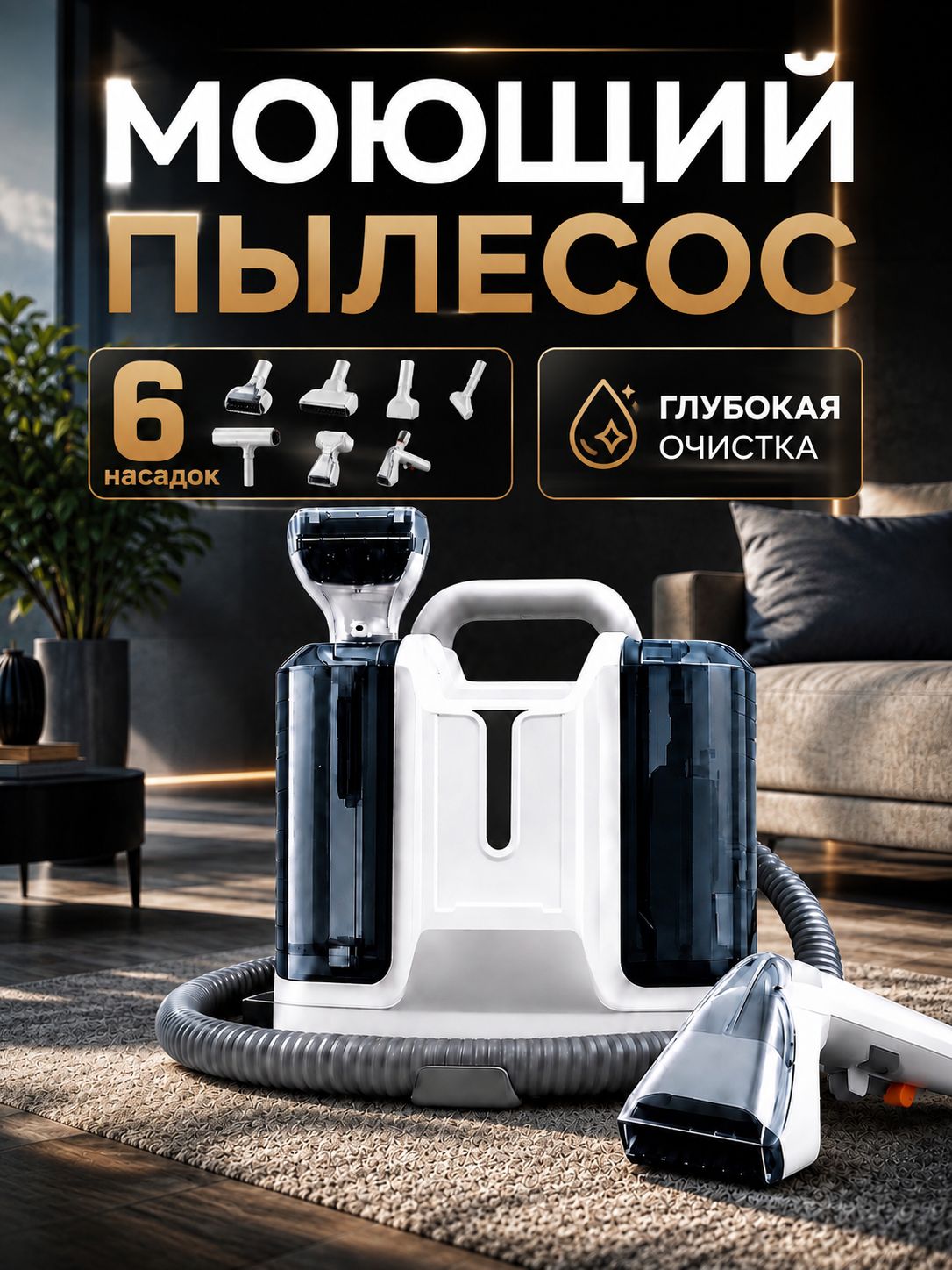 Моющий пылесос для мебели и ковров, экстрактор для химчистки, влажная уборка диванов, ковров, матрасов, салона автомобиля, 1200 Вт, 6 насадок