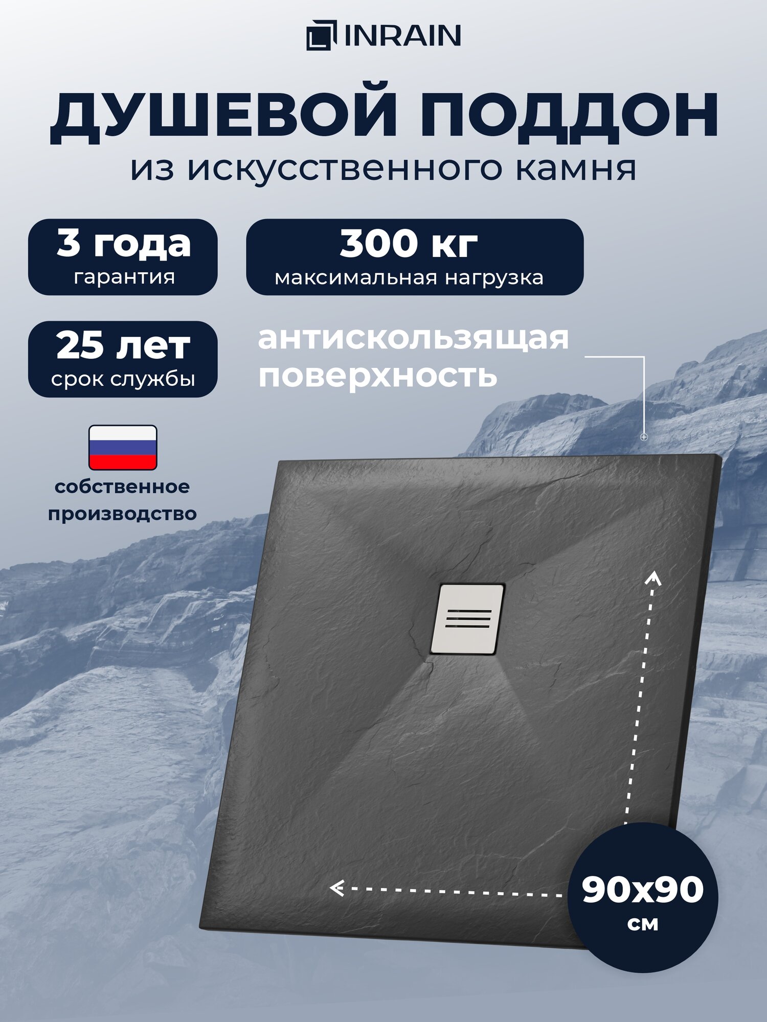 Поддон для душа 90х90 INRAIN графит IN990251-02