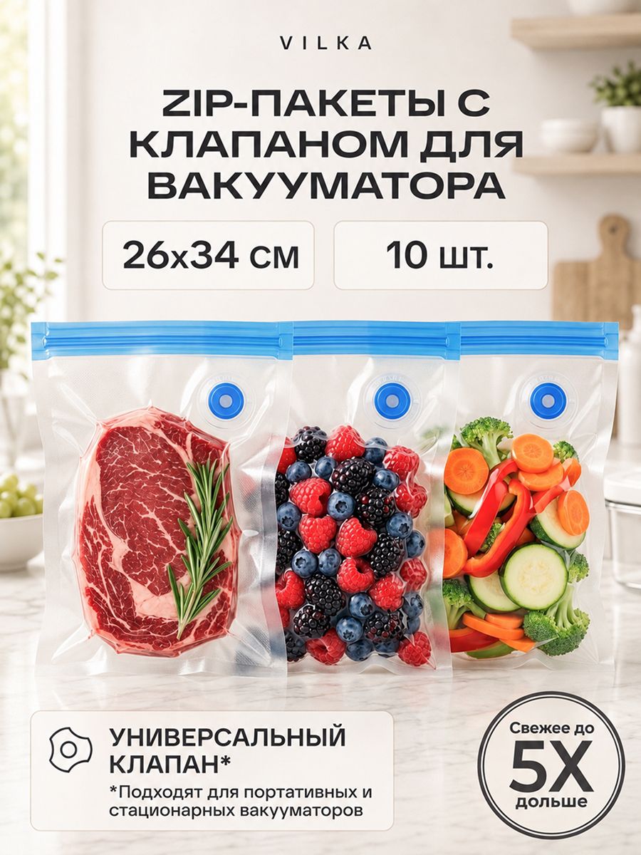 Вакуумные пакеты для продуктов VILKA, с клапаном, для вакууматора, 26x34 см, 10 шт, многоразовые, для заморозки и хранения еды