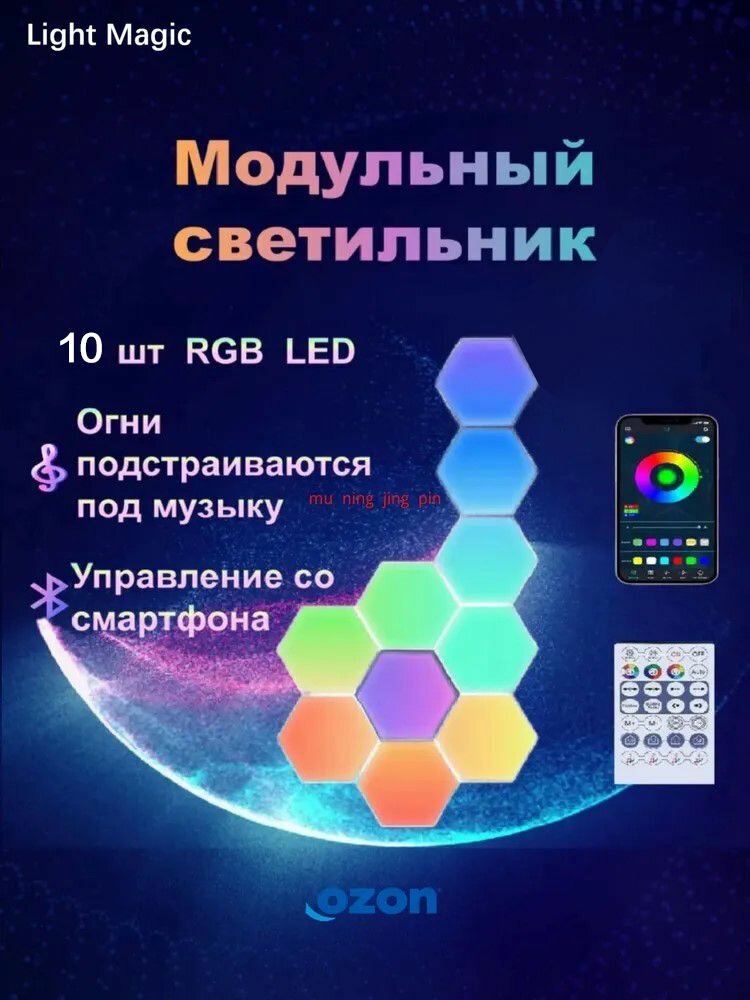 Светильник настенный модульный (набор 10 шт). Умная светодиодная панель DIY. Ночник в форме Шестиугольников (Соты), с управлением через приложение, пульт