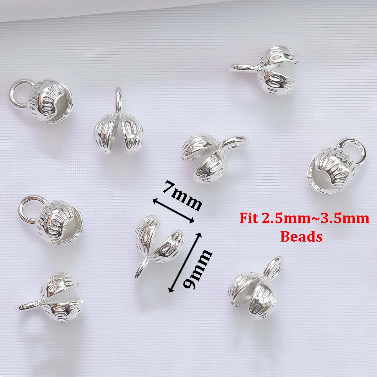 Серебряные наконечники для бусин 10 шт, 7-9 мм, 2.5-3.5 мм