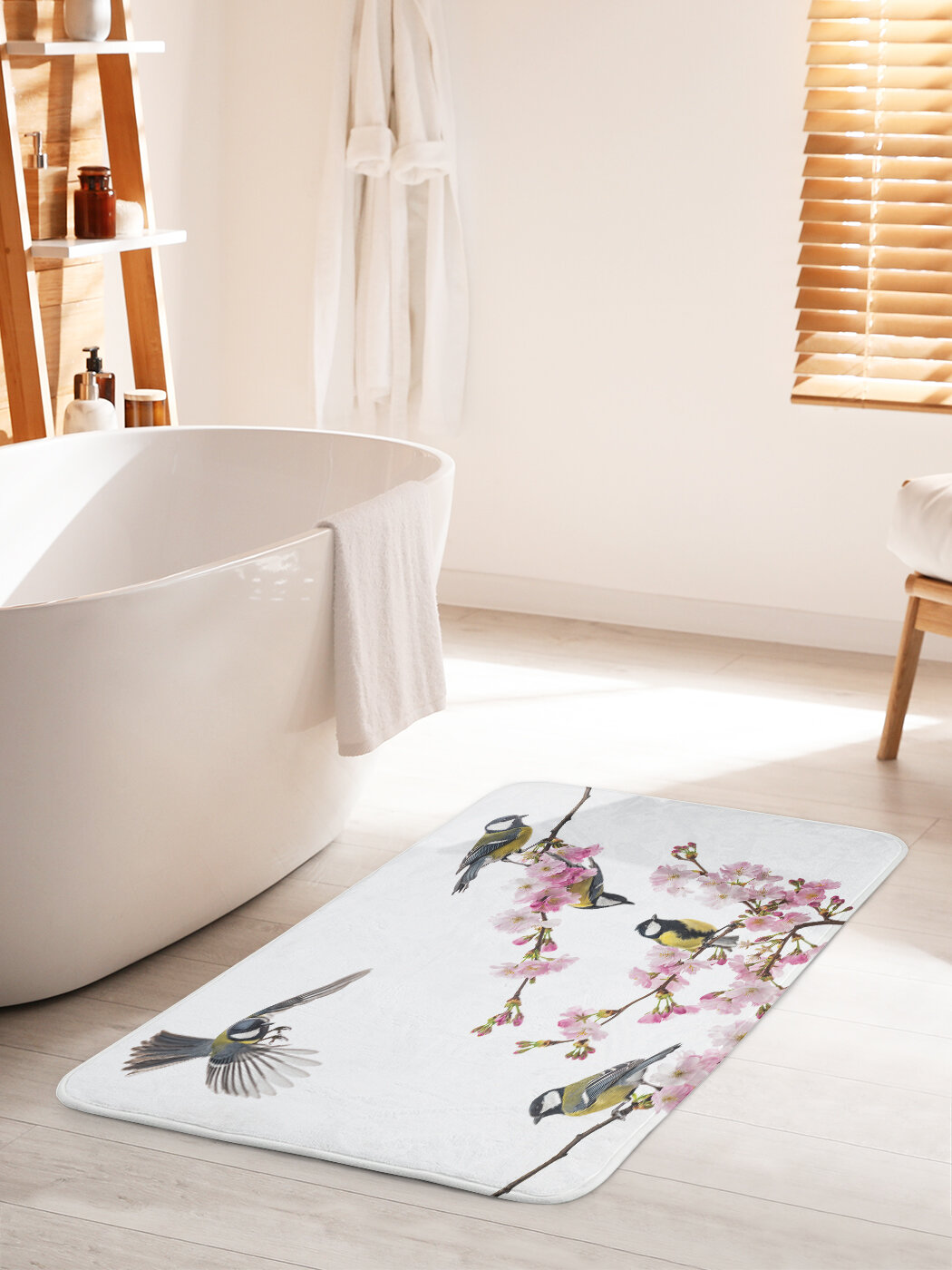 Коврик для ванной комнаты и туалета противоскользящий "Мечтательные синички" 60х100 см, JoyArty
