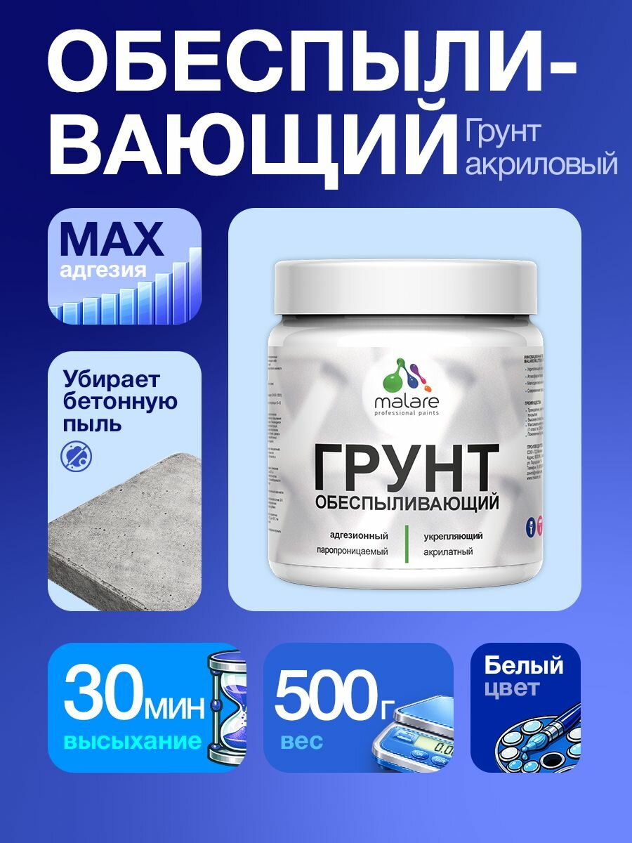 Грунт обеспыливающий Malare акриловый адгезионный универсальная, без запаха быстросохнущий, полупрозрачный, 1 кг.