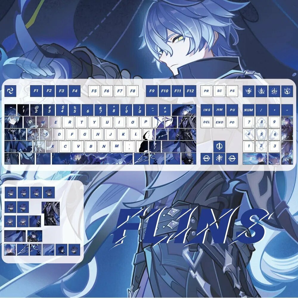 Клавиши Genshin Impact Flins, профиль Cherry, PBT, пользовательские мультяшные аниме-клавиши синего цвета, для механической клавиатуры