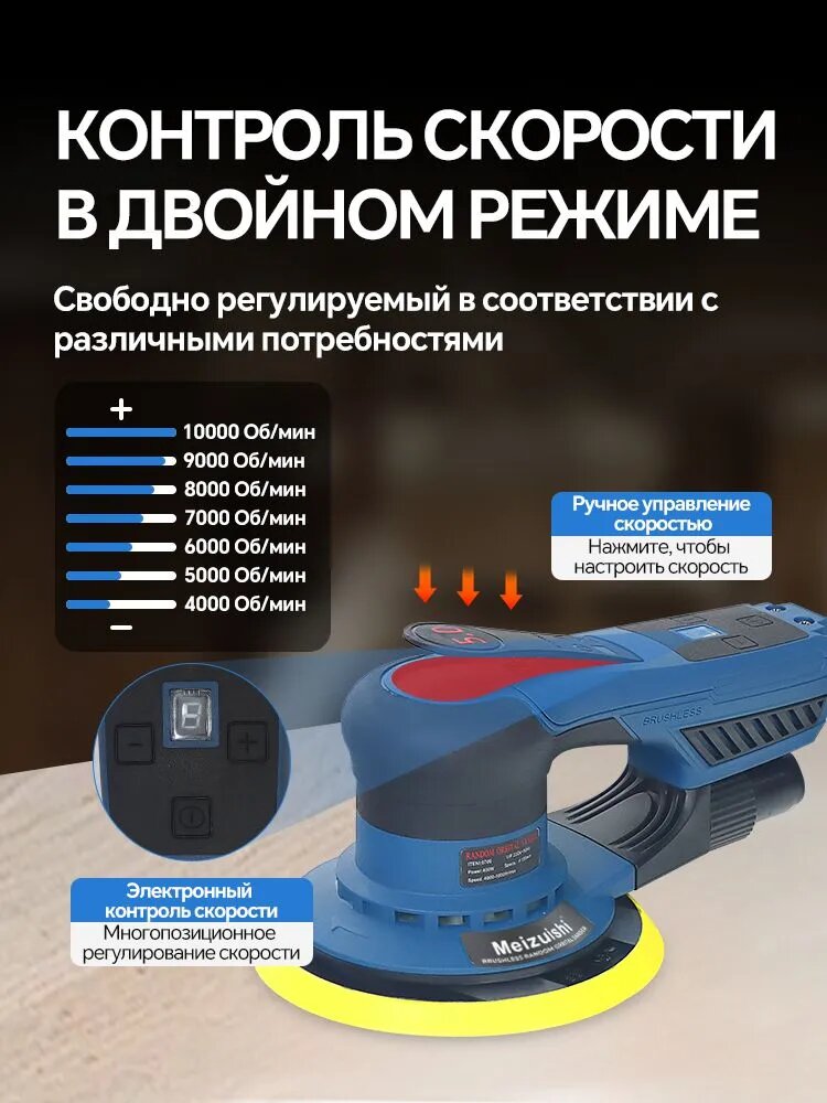 Эксцентриковая шлифмашина 150 мм 360 Вт: бесщеточный двигатель, регулировка скорости 4000-10000 об/мин, пылеудаление для авто и дерева